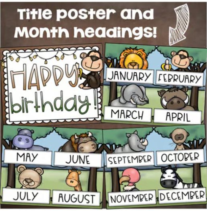 Happy Birthday Bulletin Board Display Posters Jungle Safari Theme ...