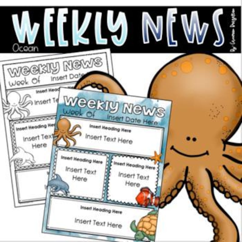 Weekly Newsletter Editable Template Ocean Creatures Under the Sea Water ...