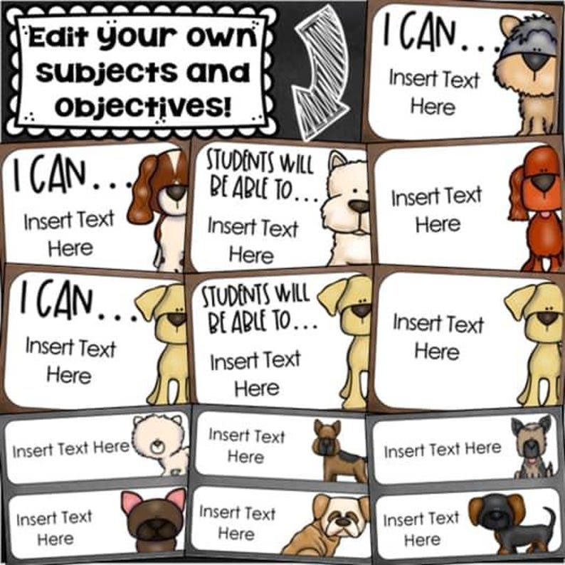 Learning Targets Bulletin Board Objectives Posters Dog Theme Editable ...