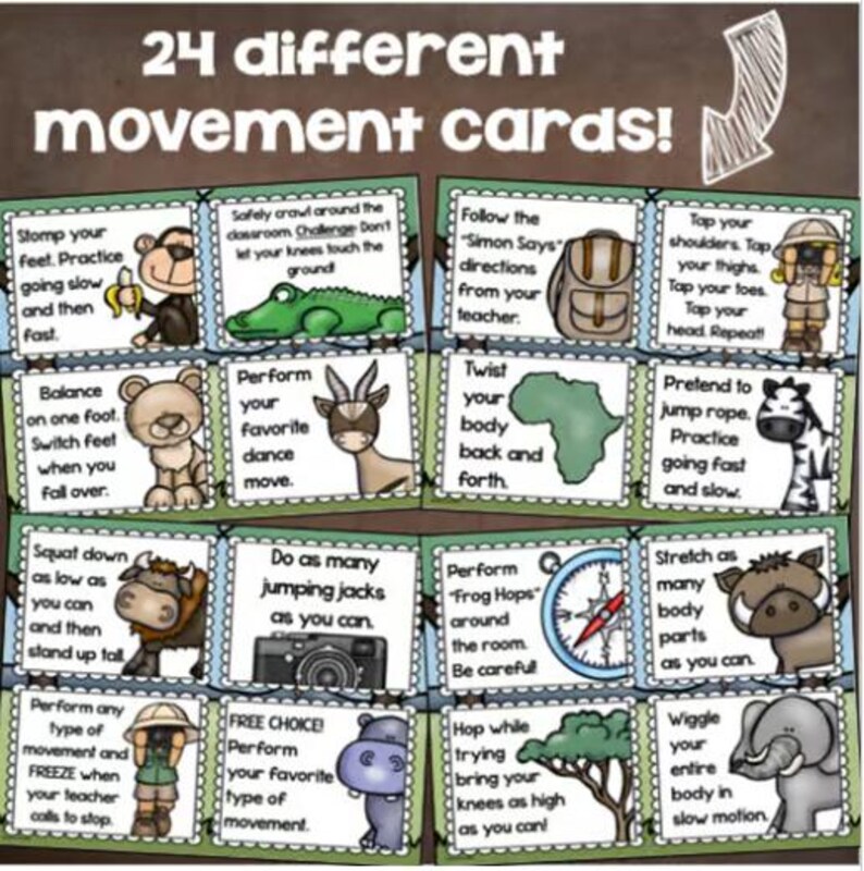 Brain Breaks Movement Cards Jungle Safari Theme - Etsy