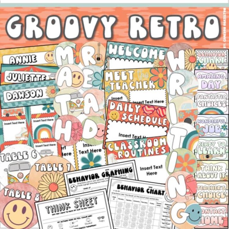Groovy Retro Theme Back to School Class Decorations and Management Mega ...