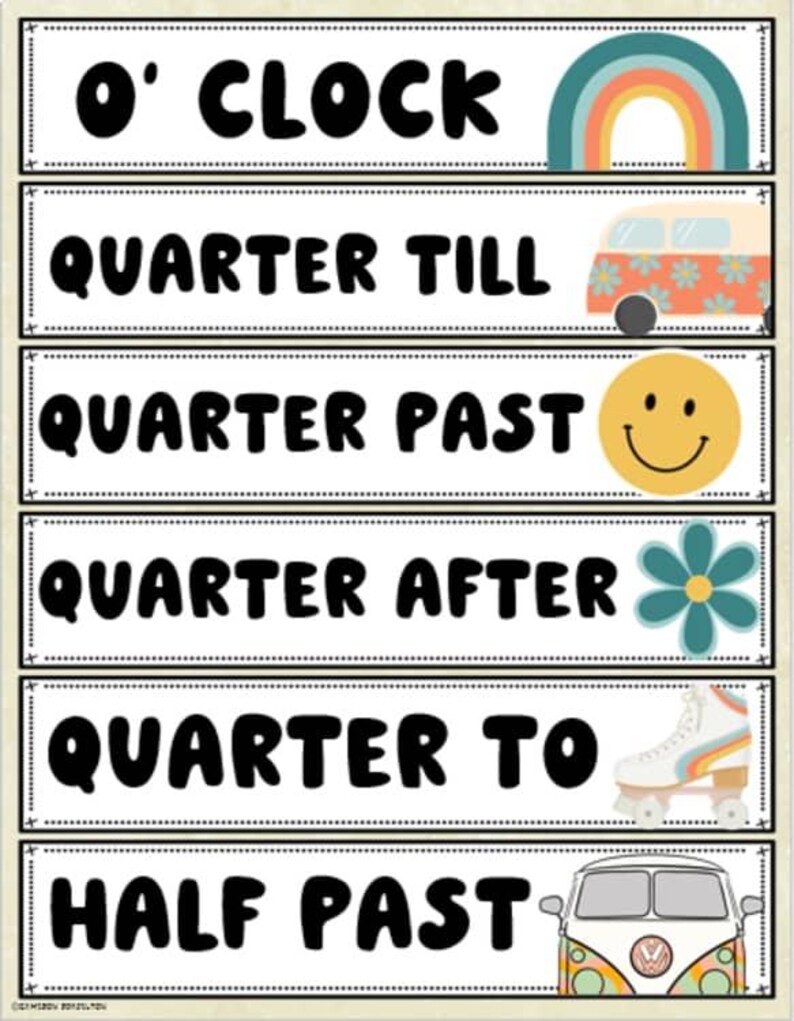 Clock Labels Telling Time Groovy Retro Vibes Theme INSTANT DOWNLOAD - Etsy