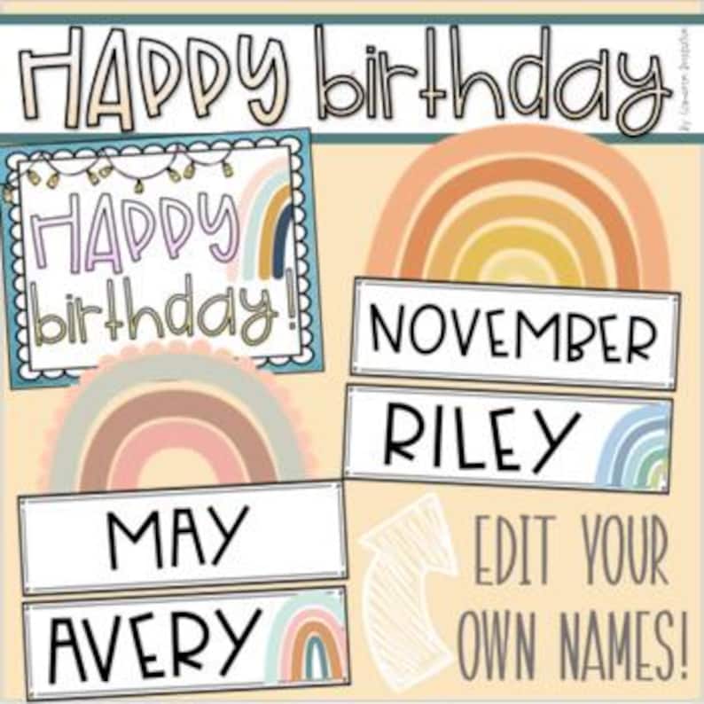 Happy Birthday Bulletin Board Display Posters Boho Muted Rainbow Theme ...