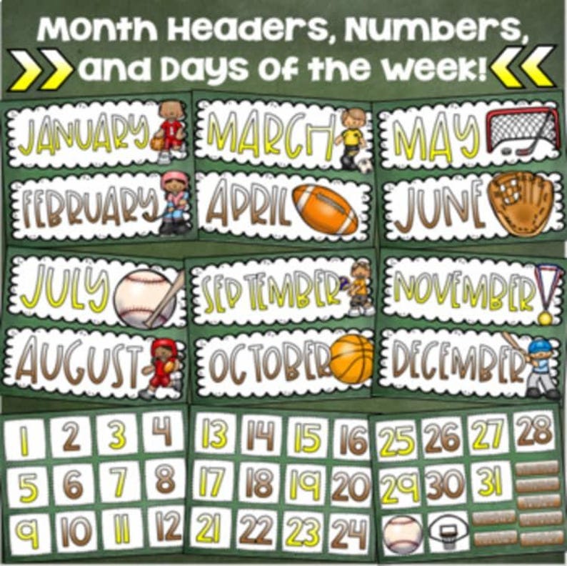 Calendar Set Classroom Decor Back to School Sports Teamwork Theme ...
