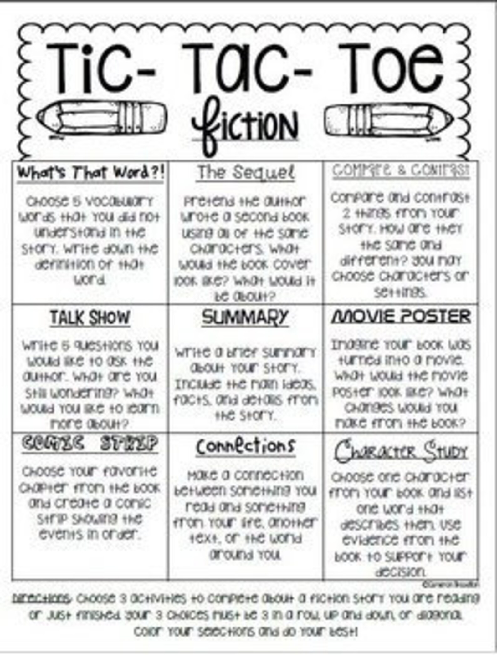 Fiction Reading Response Tic Tac Toe Choice Board (PDF) - Etsy