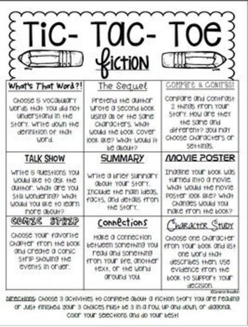 Fiction Reading Response Tic Tac Toe Choice Board (PDF) - Etsy