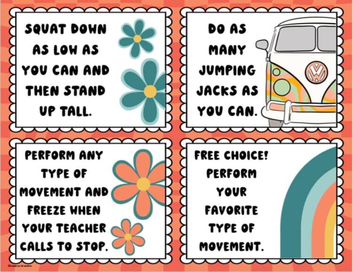 Brain Breaks Movement Cards Groovy Retro Vibes Theme INSTANT DOWNLOAD ...