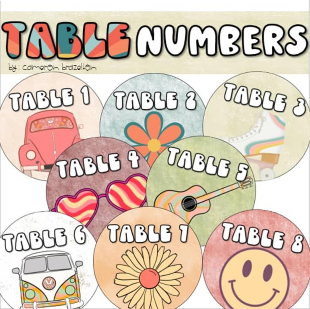 Table Numbers Signs Groovy Retro Vibes Theme Classroom Decor INSTANT ...