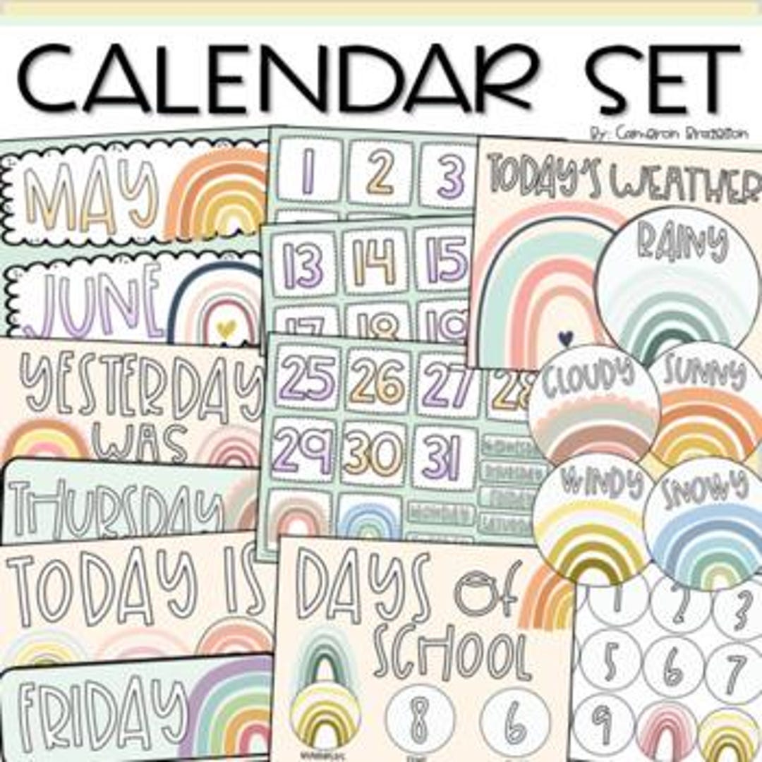 Calendar Set Classroom Decor Back to School Boho Modern Muted Rainbow ...