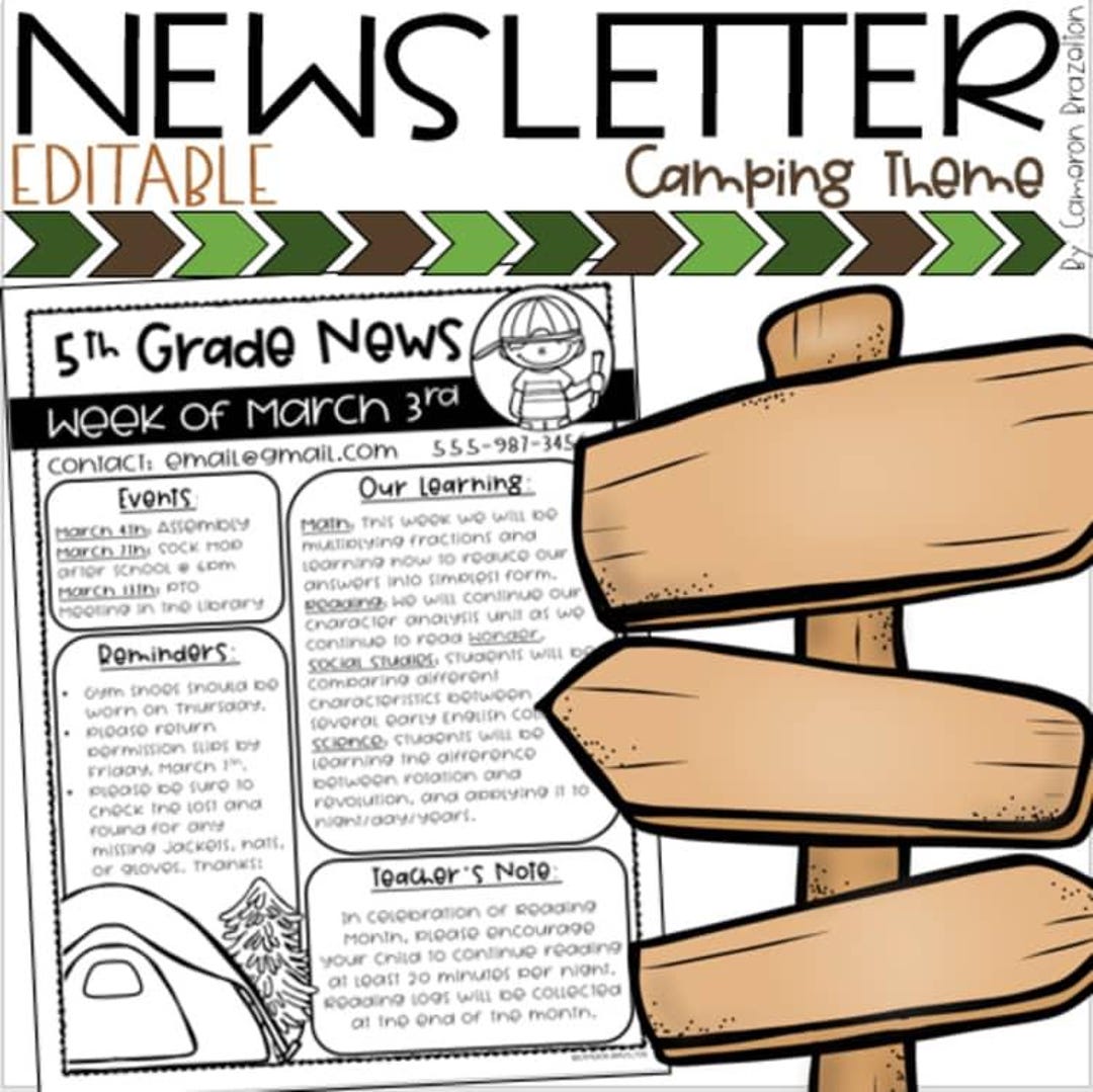 Weekly Classroom Newsletter Template Camping Camp Out Woods Theme ...