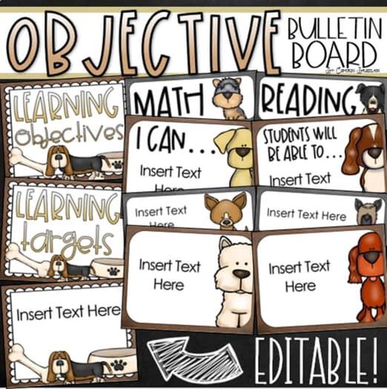 Learning Targets Bulletin Board Objectives Posters Dog Theme Editable ...