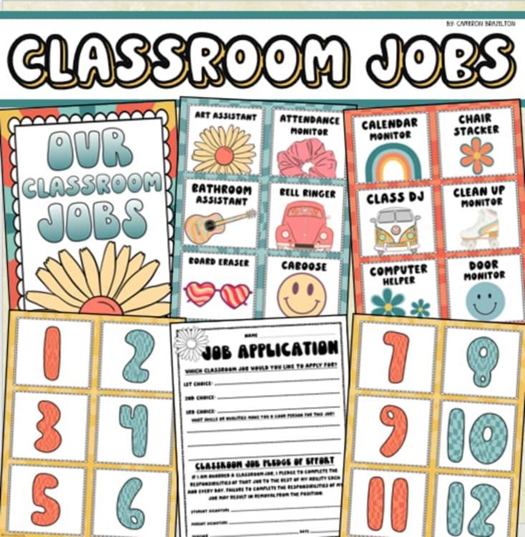 Classroom Jobs Helpers Chart Labels Signs Groovy Retro Vibes Theme ...