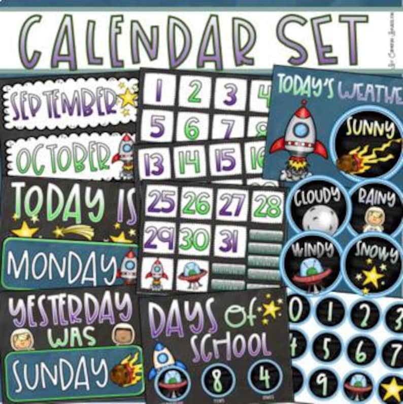 Calendar Set Classroom Decor Back to School Outer Space Theme INSTANT ...