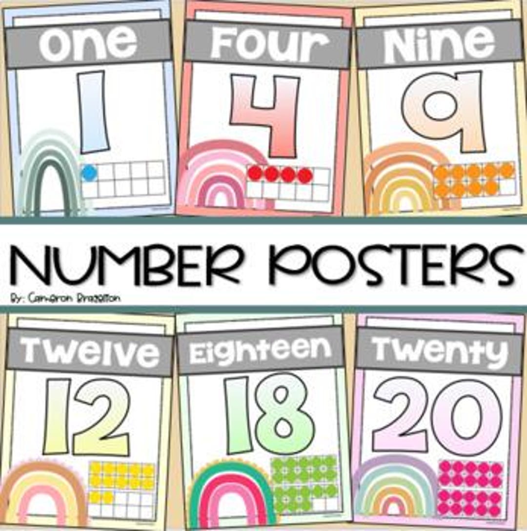 Number Posters Signs 0-20 Ten Frames Boho Modern Muted Rainbow Theme ...