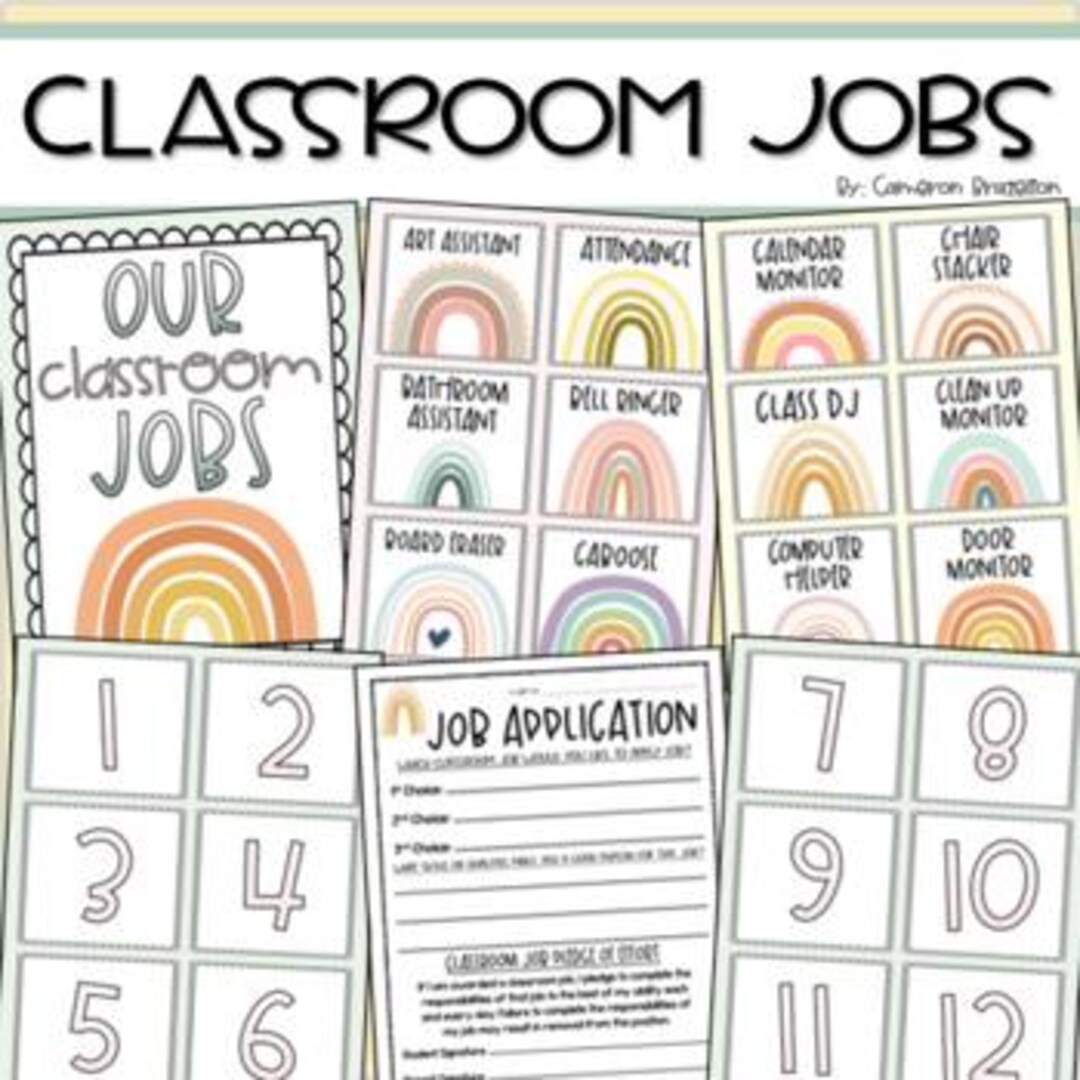 Classroom Jobs Helpers Chart Labels Signs Boho Muted Rainbow Theme ...
