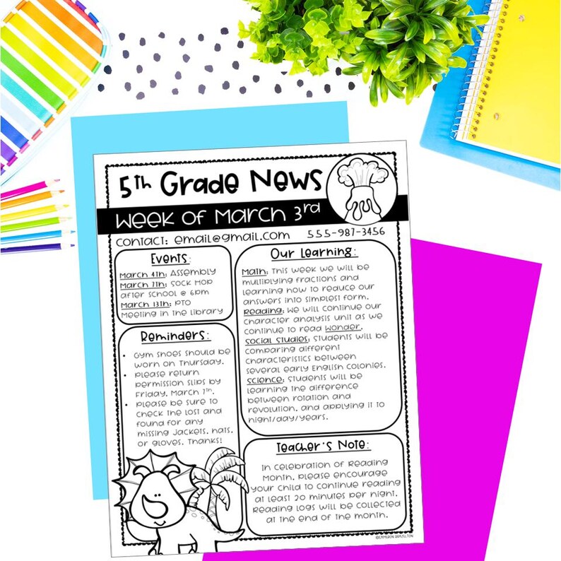 Weekly Classroom Newsletter Template Dinosaur Dino Theme EDITABLE ...