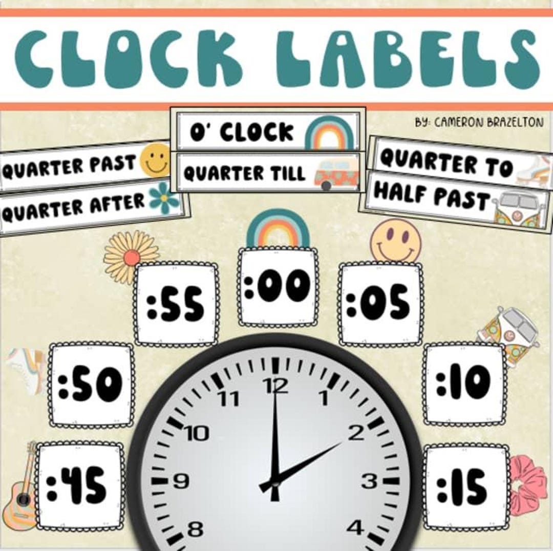 Clock Labels Telling Time Groovy Retro Vibes Theme INSTANT DOWNLOAD - Etsy