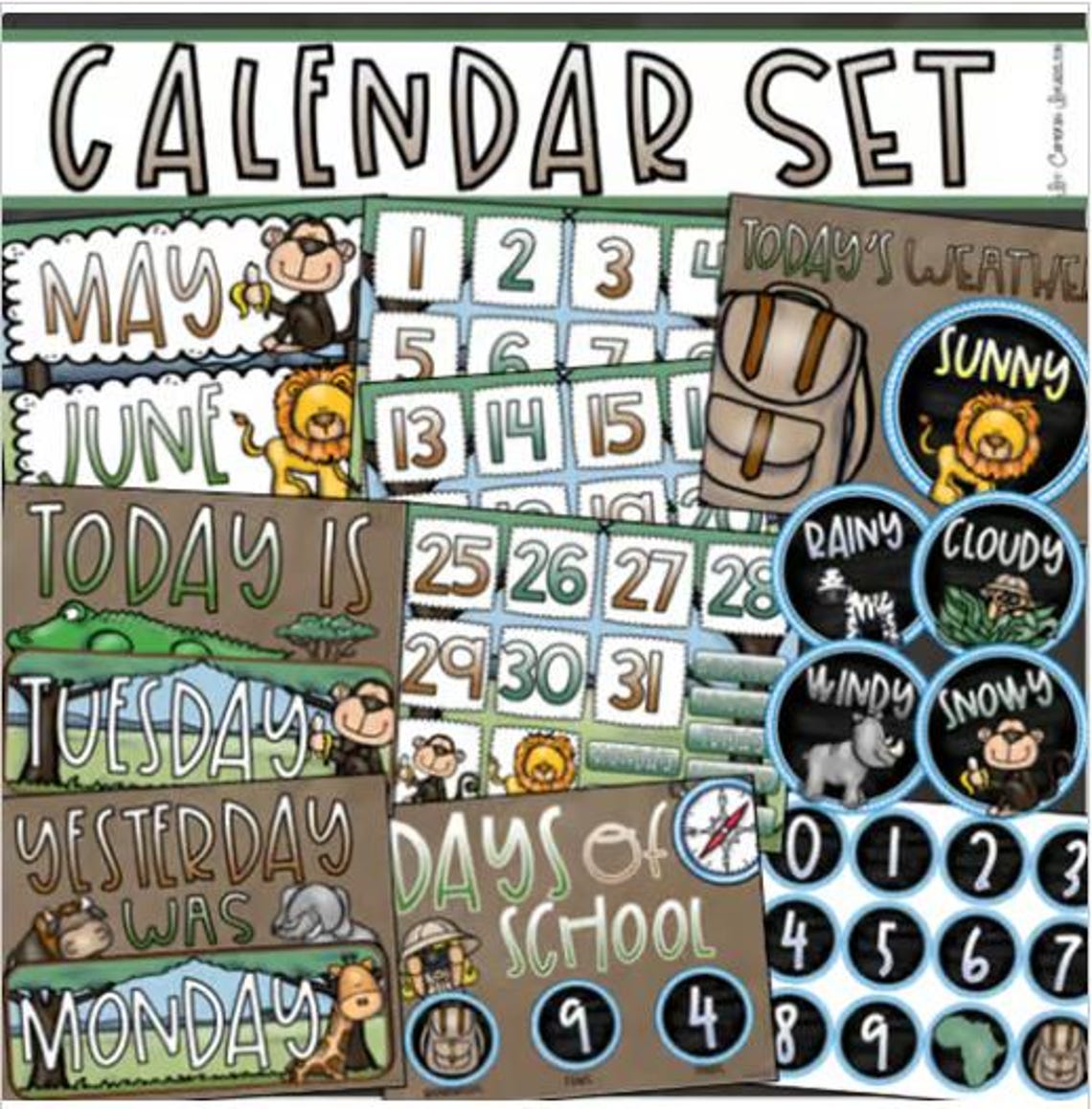 Calendar Set Classroom Decor Back to School Jungle Safari Theme INSTANT ...