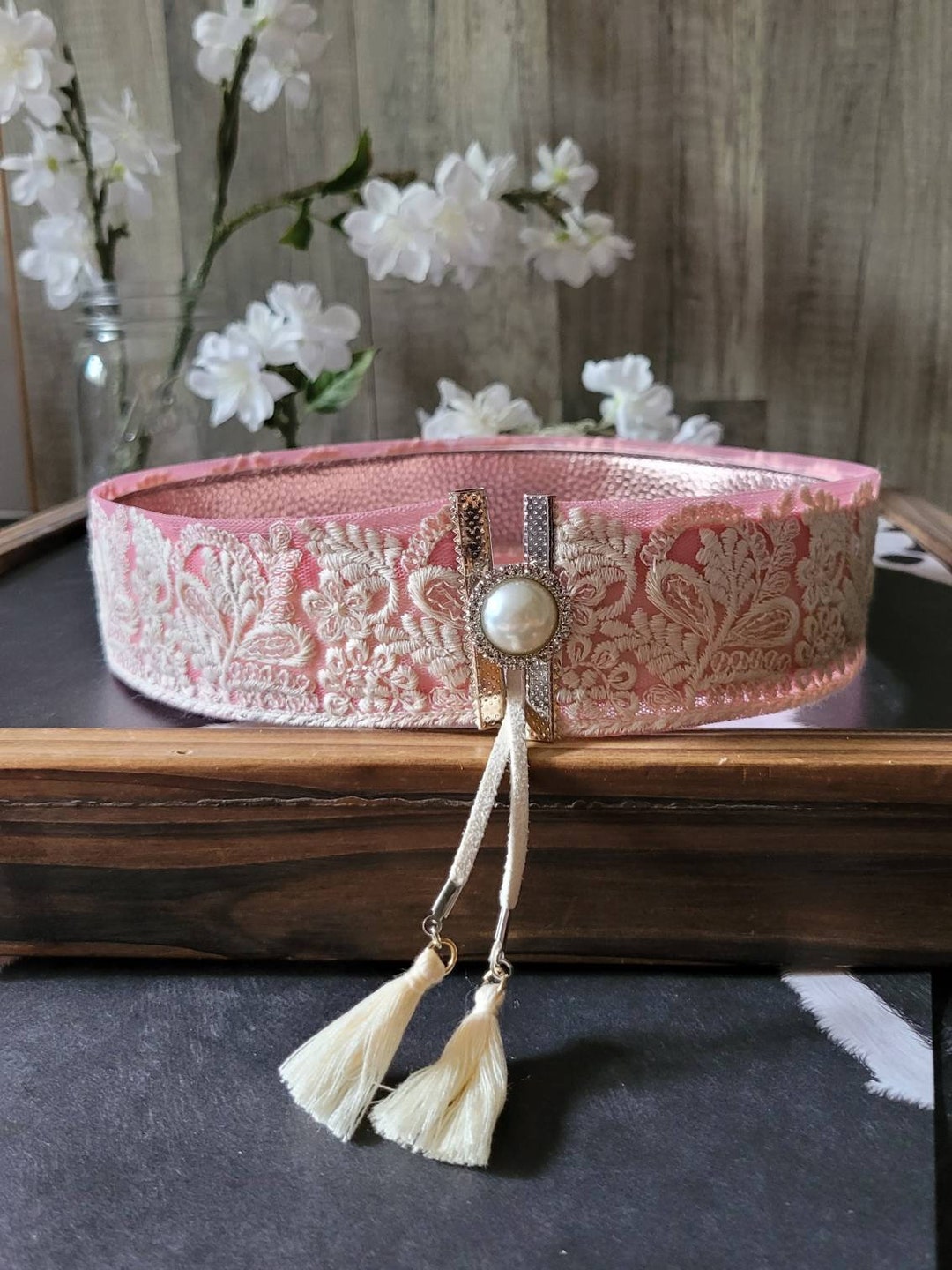 Ellie in Pink Hat Band White, Silver, Pearl, Sequin, Floral, Decorative ...