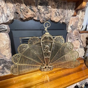 Vintage Brass Peacock Fan Fireplace Screen Brass Unicorn Filigree Fire ...