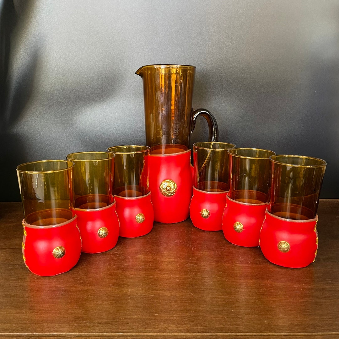 Vintage Gothic Decanter Set Set of 7, Red Maximalism Leather Clad Hand ...