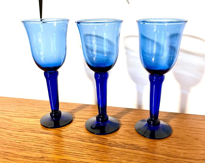 Vintage Cobalt Blue Wine Glasses | Set of 3, Hand Blown Heavy Stemmed ...