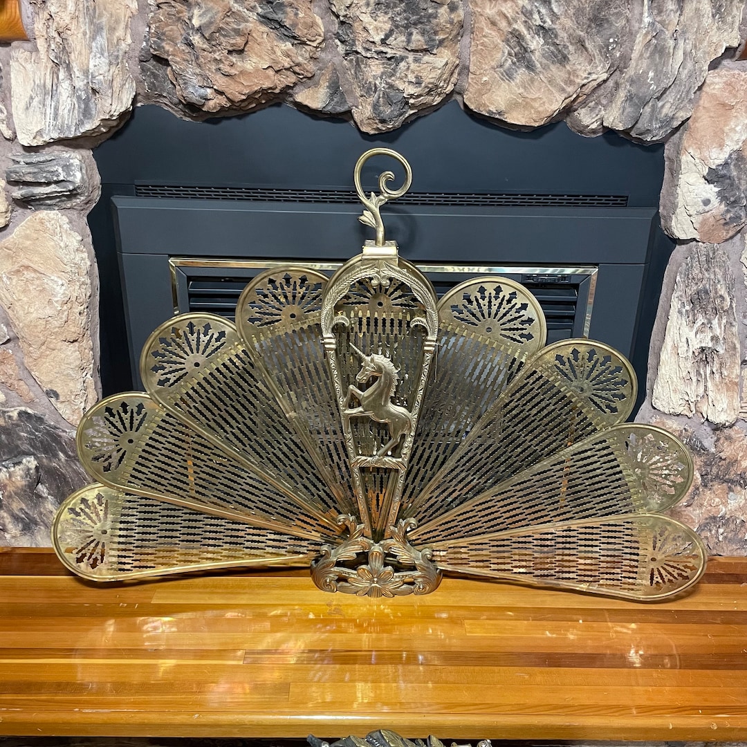 Vintage Brass Peacock Fan Fireplace Screen Brass Unicorn Filigree Fire ...