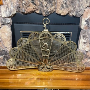 Vintage Brass Peacock Fan Fireplace Screen Brass Unicorn Filigree Fire ...