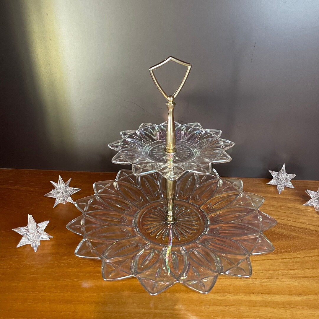 Vintage Federal Glass Opalescence Tiered Tray Clear Carnival Glass ...