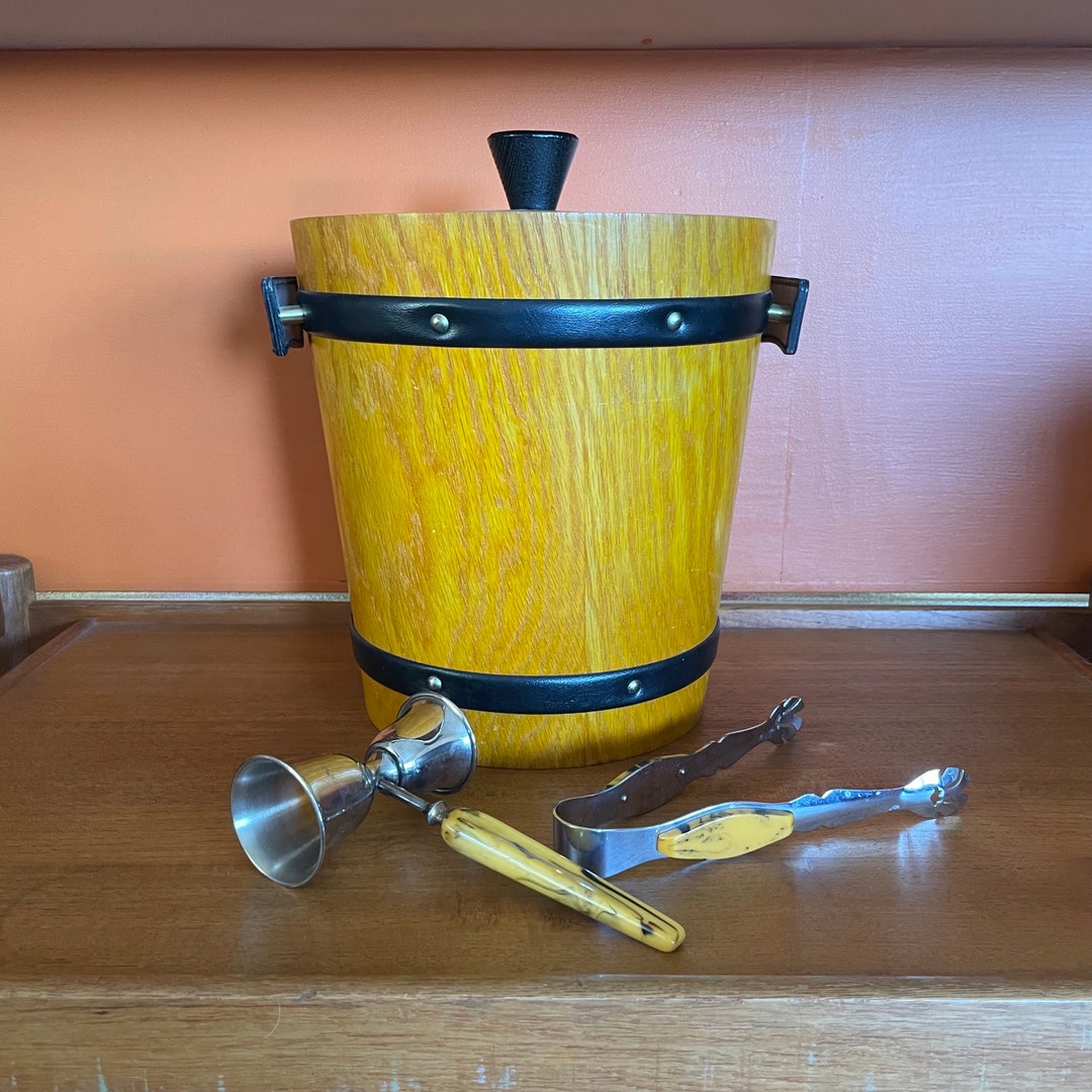 Vintage Wood Ice Bucket With Tiger Bakelite Tongs and Jigger Leather ...