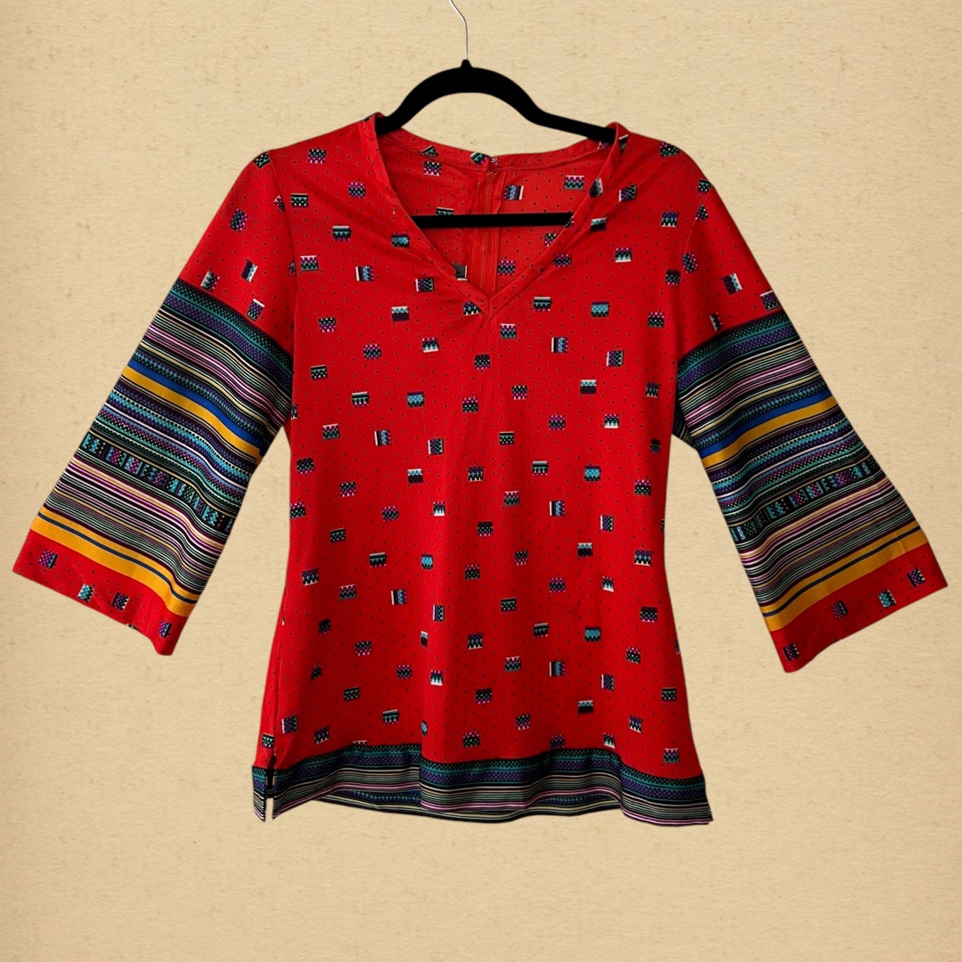 Vintage 70s Edith Flagg Patterned Blouse With Bell Sleeves, Size Small ...