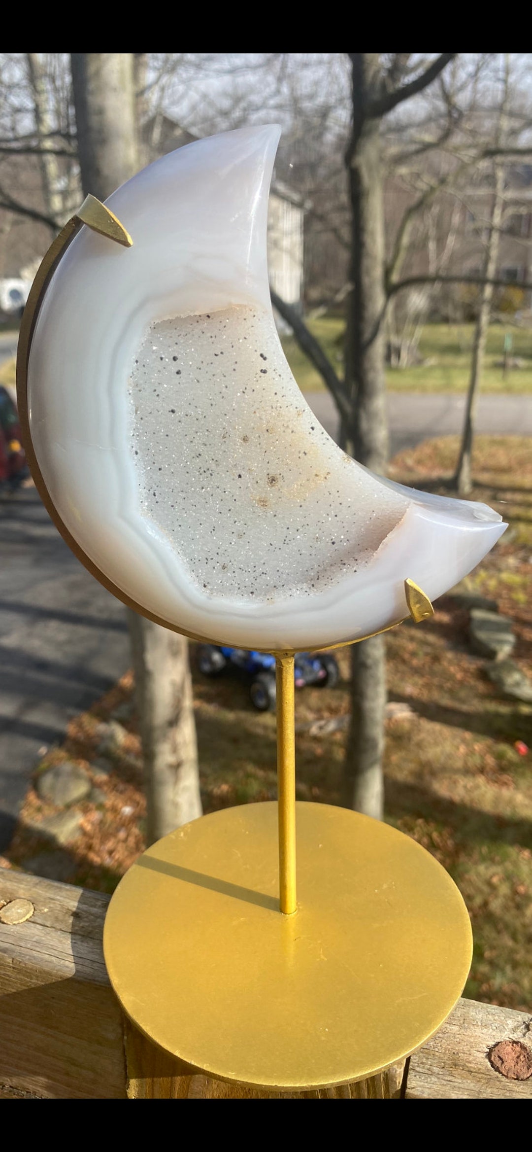 Beautiful Natural Light Blue Milky Agate Druzy Geode Moon on Gold Stand ...