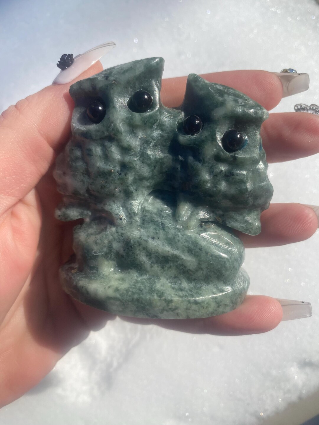Adorable Pair of Cuddling Tree Agate Crystal Owls Carving Has Obsidian ...