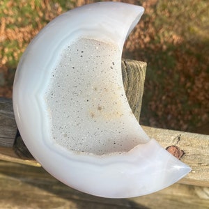 Beautiful Natural Light Blue Milky Agate Druzy Geode Moon on Gold Stand ...