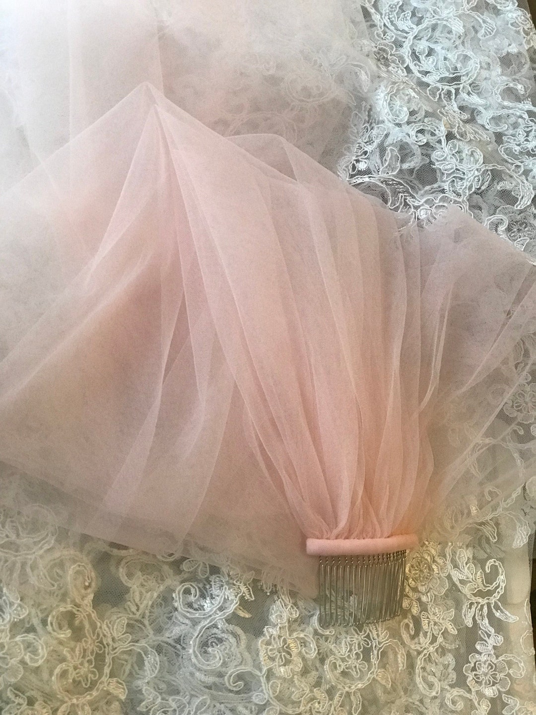 Pink Bridal Veil__1-tier__attached to Wire Metal Comb__ Elbow Fingertip ...