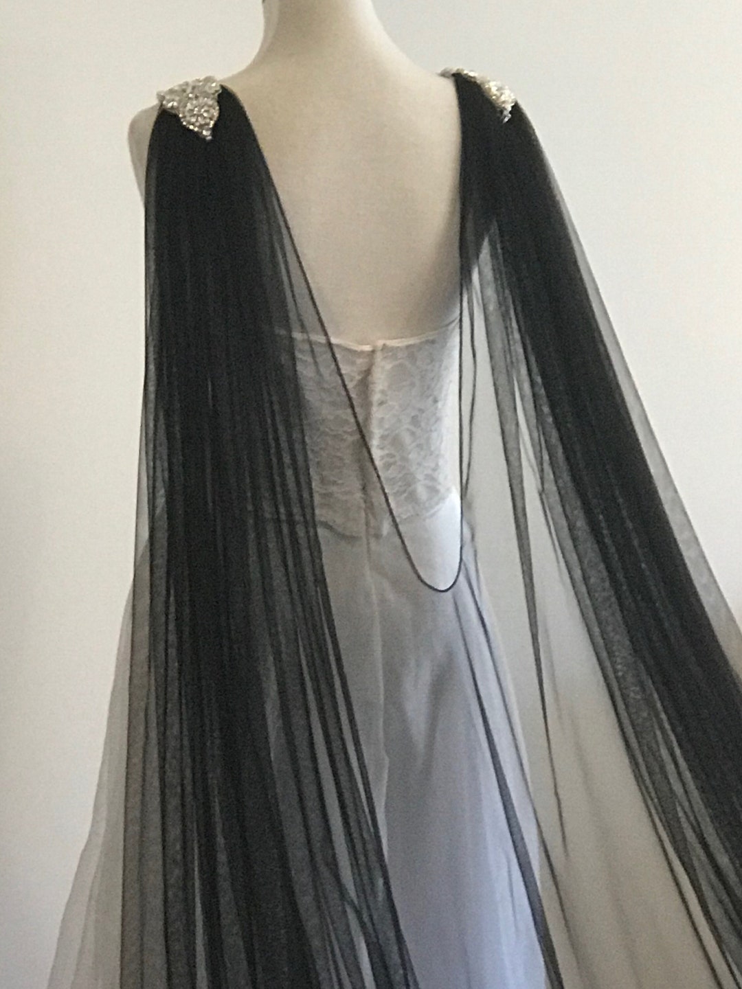 BLACK Bridal Cape Veil, Wedding Cape W/ Rhinestone Appliques on ...