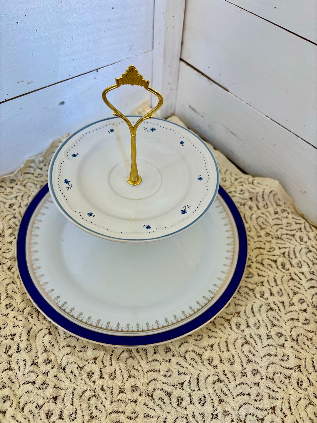 2 Tier Royal Blue and Gold Floral Vintage Plate Stand Dessert Cake ...