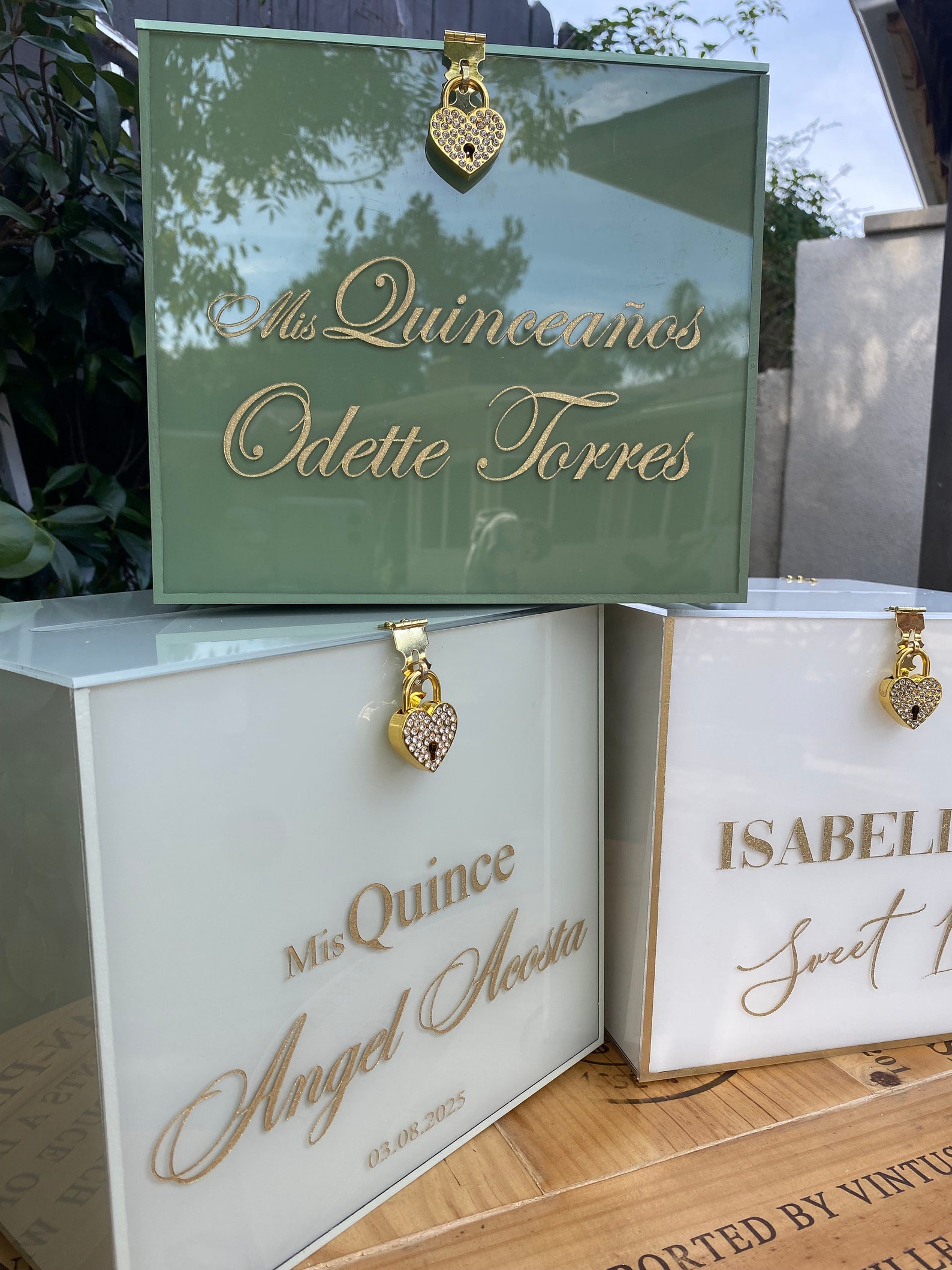Quinceanera Money Card Box With Lock Custom Engraved Gold Glitter Text ...
