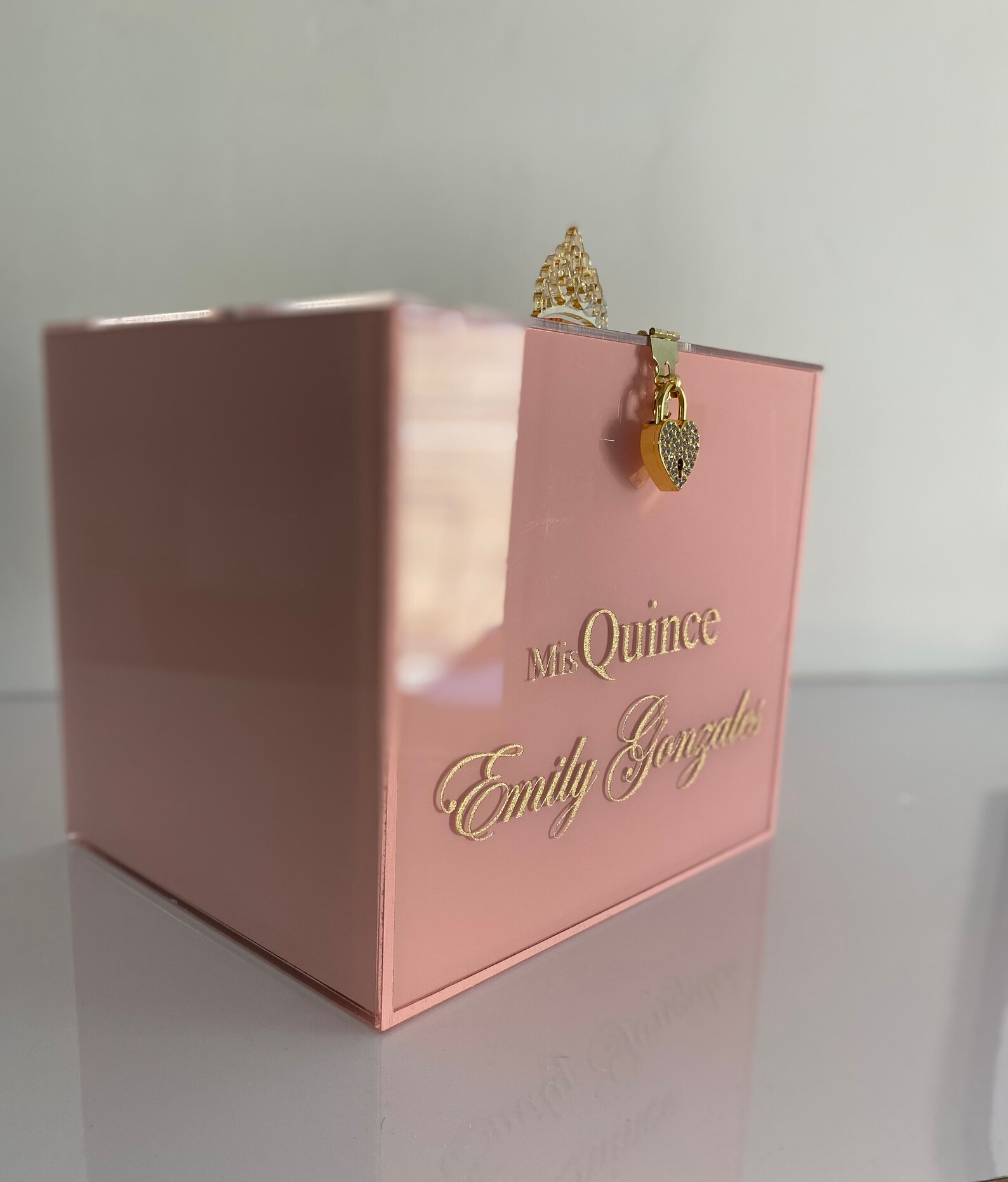 Quinceanera Money Card Box With Lock Custom Engraved Gold Glitter Text ...