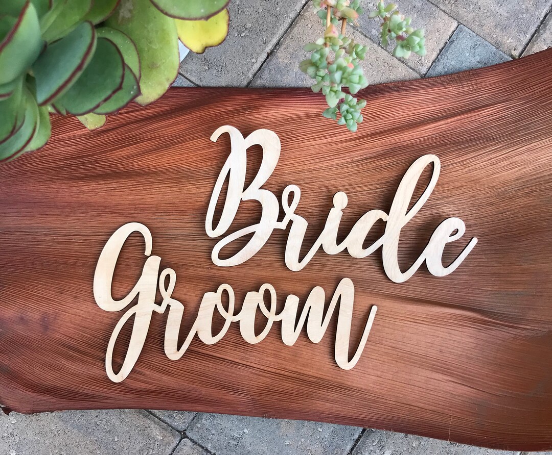 Bride & Groom Chair Signs Cursive Laser Cut Ribbon Wooden Wedding Chair ...
