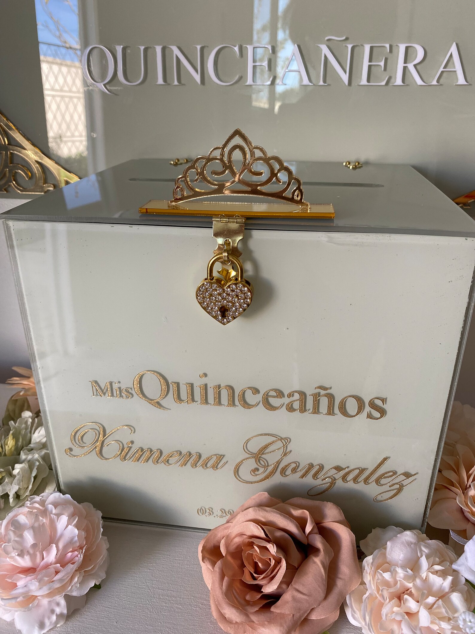 Quinceanera Money Card Box With Lock Custom Engraved Gold Glitter Text ...