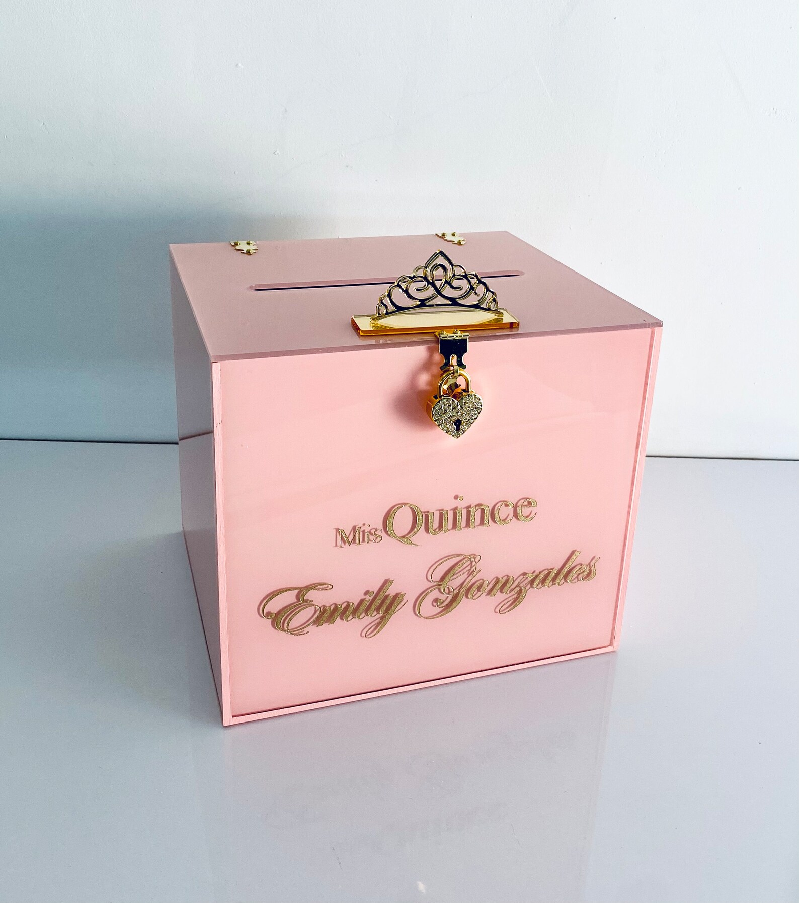 Quinceanera Money Card Box With Lock Custom Engraved Gold Glitter Text ...