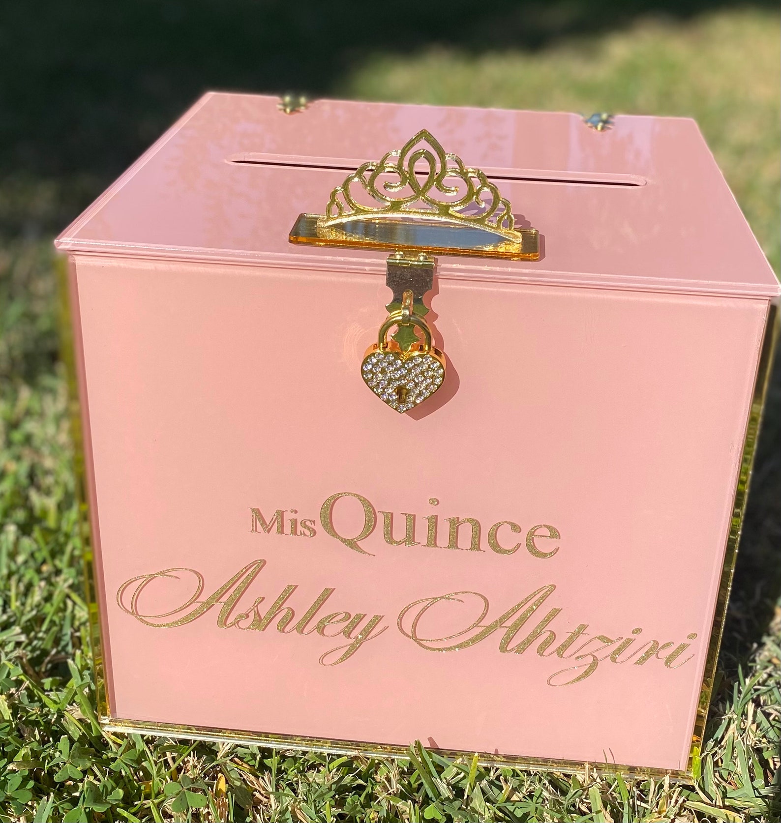 Quinceanera Money Card Box With Lock Custom Engraved Gold Glitter Text ...
