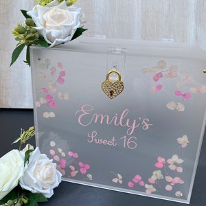Custom Sweet 16 Money Card Box Real Flowers Engraved Text Lock and Key ...