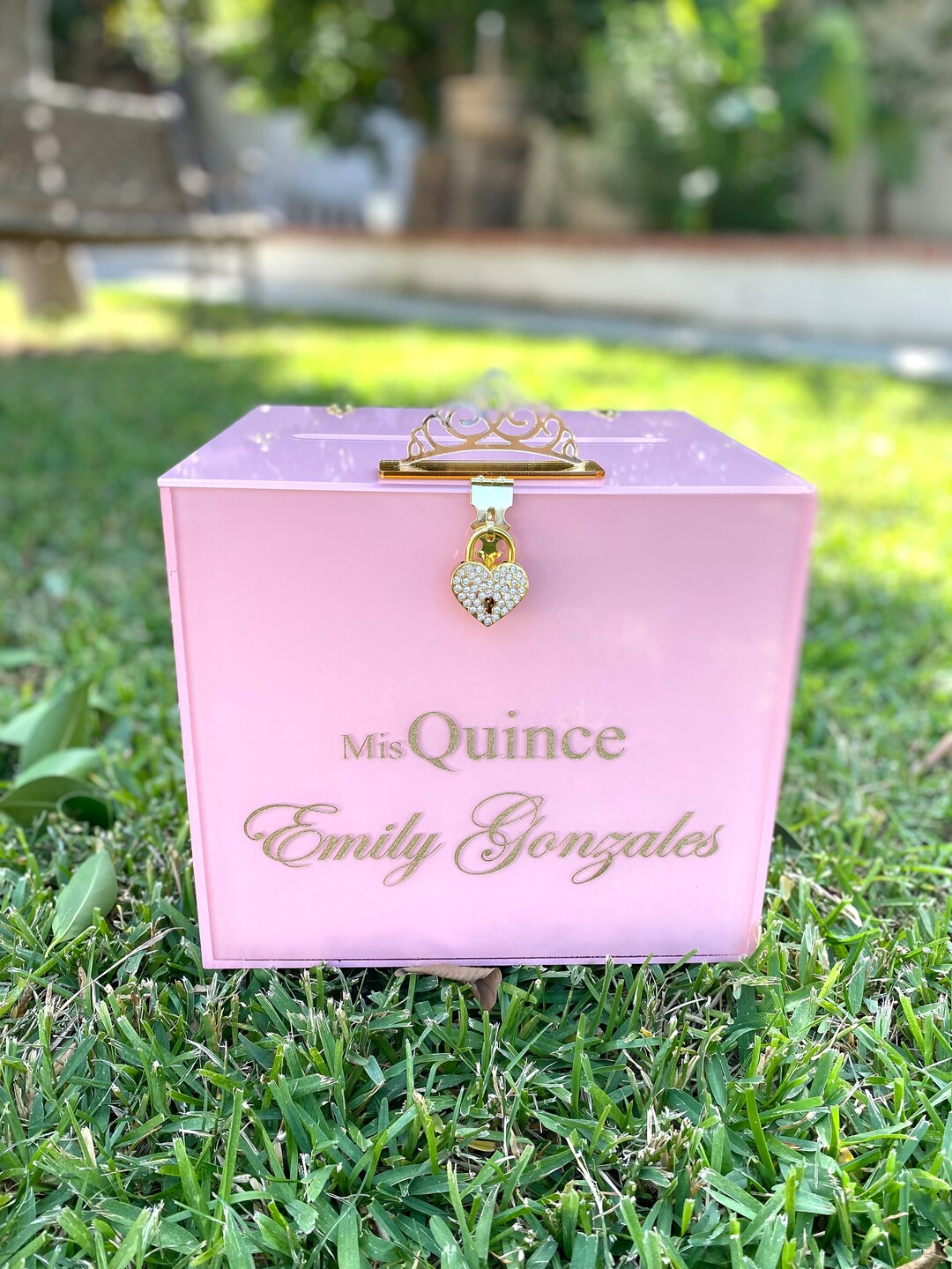Quinceanera Money Card Box With Lock Custom Engraved Gold Glitter Text ...