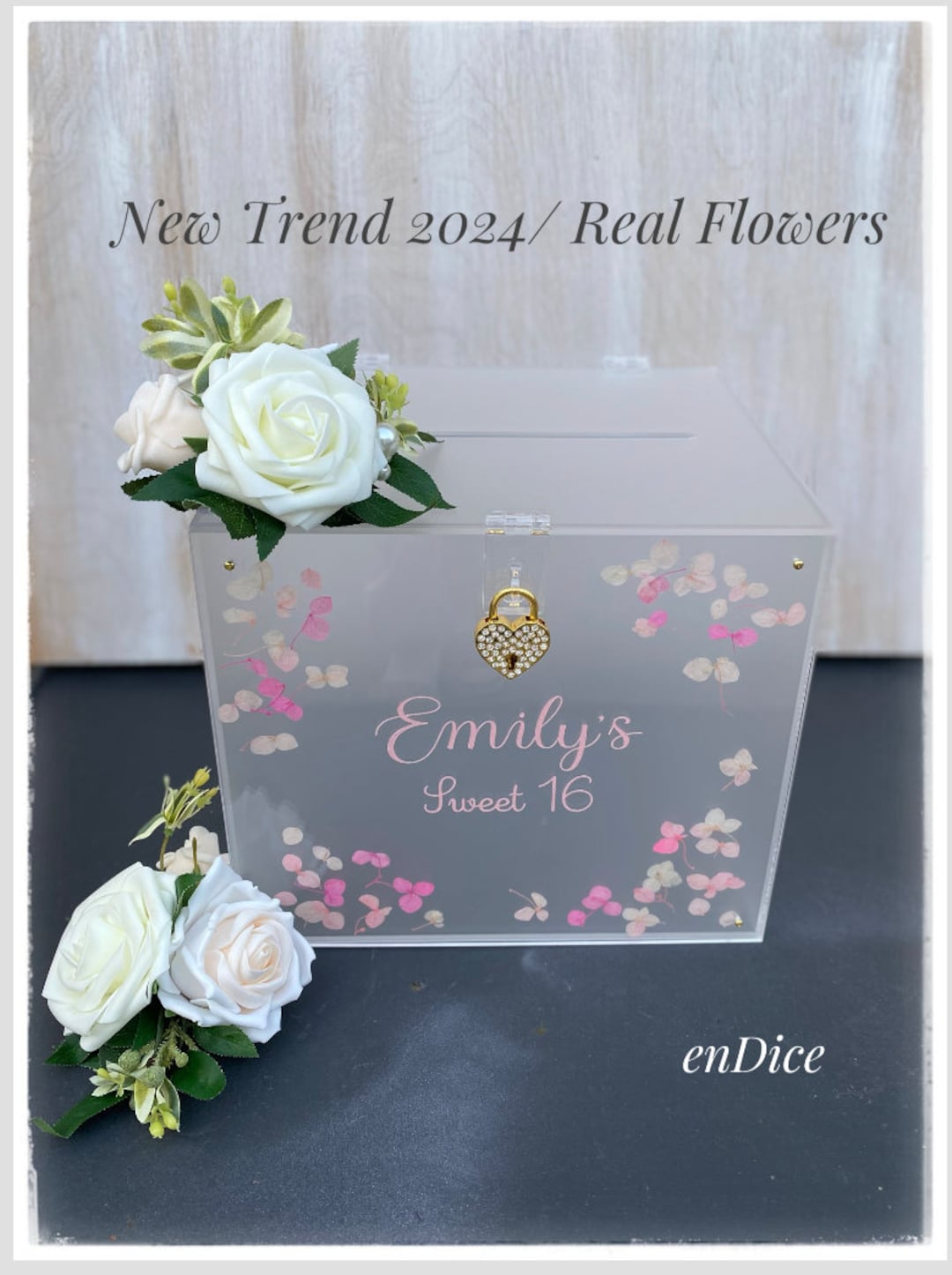 Custom Sweet 16 Money Card Box Real Flowers Engraved Text Lock and Key ...