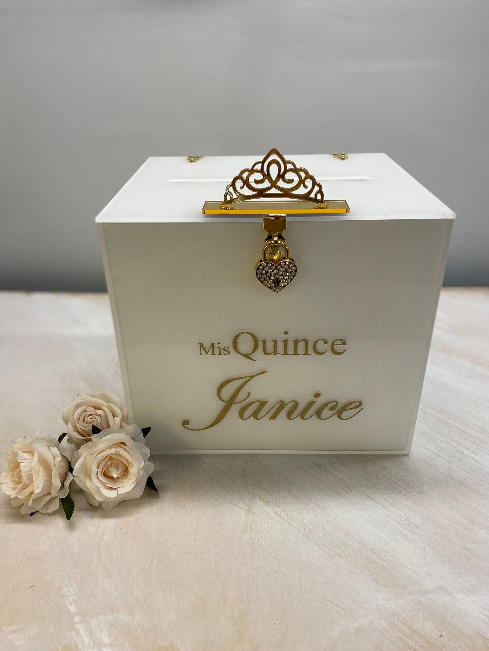 Quinceanera Money Card Box With Lock Custom Engraved Gold Glitter Text ...
