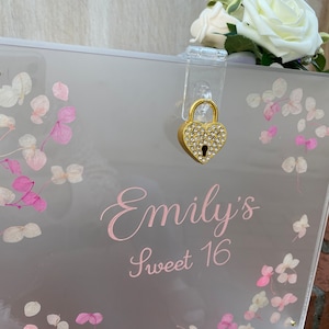 Custom Sweet 16 Money Card Box Real Flowers Engraved Text Lock and Key ...