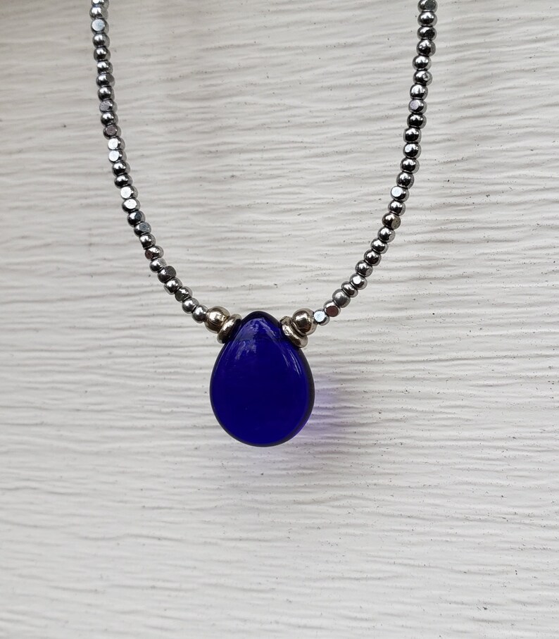 Cobalt Blue Glass Necklace Silver Toned Necklace Blue Glass Etsy