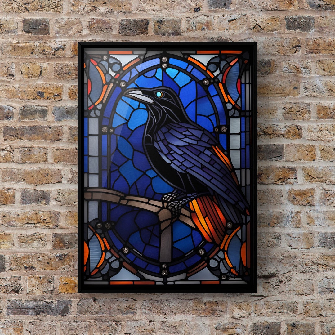 Stained Glass Raven Digital Art Print, Halloween Decor, Spooky Print ...
